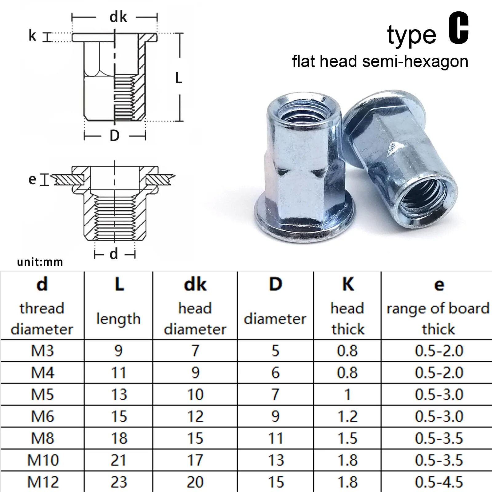 M3 M4 M5 M6 M8 M10 M12 Заклепка из углеродистой стали Гайка с плоской головкой Малая потайная глухая резьба Полушестигранная шестигранная вставка Заклепочная гайка