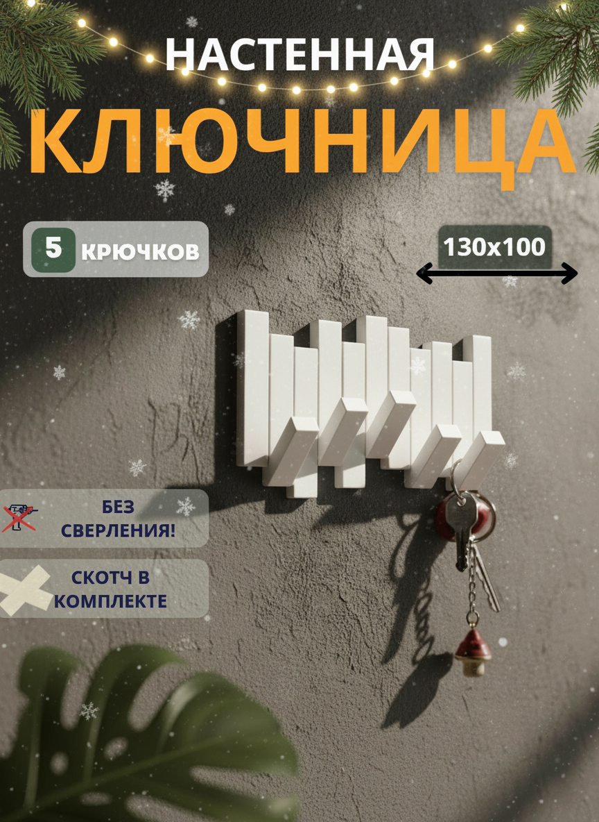 Ключница настенная Лофт, белая 5 крючков 130х100 мм, держатель органайзер для ключей в прихожую