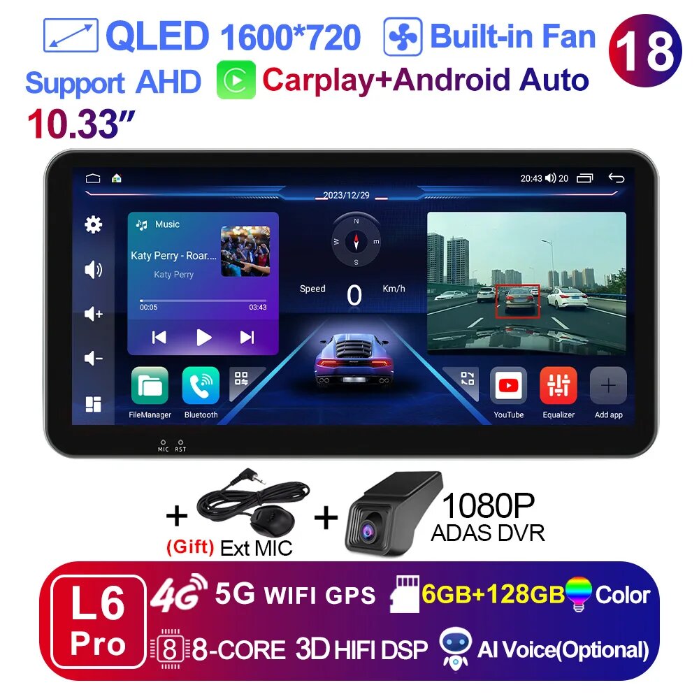 LEHX L6Pro 10,33 дюйма Qled Android 15 Автомобильный радиоприемник Мультимедиа Carplay Стерео GPS для Benz BMW Стиль Nissan Hyundai Kia Toyota Honda L6Pro(6-128GB)DVR