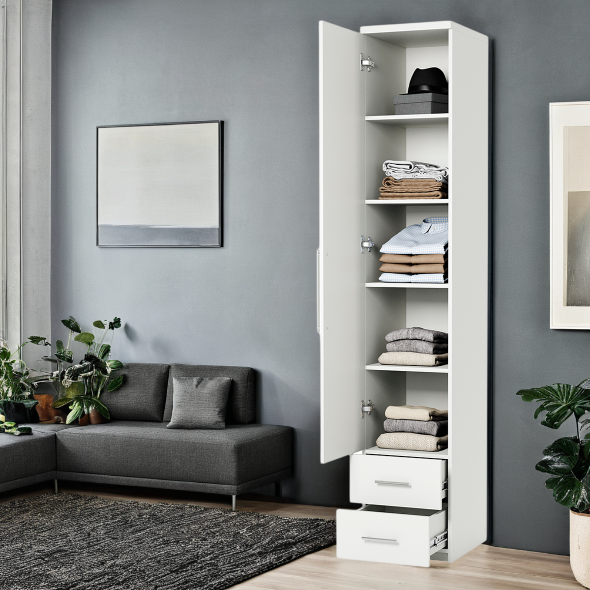 Шкаф-пенал распашной Ритм МПЯ-11 с полками и ящиками 30х60х240 см Белый текстурный