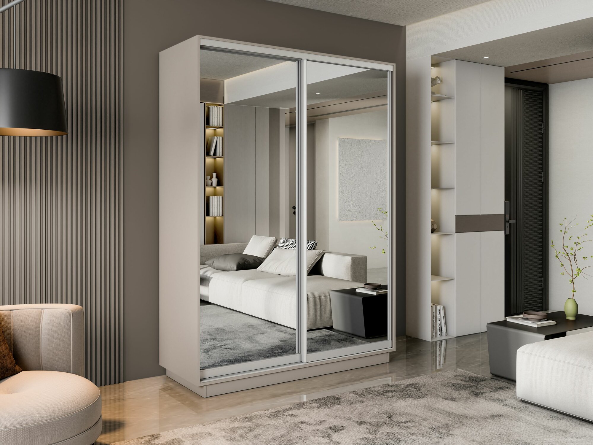 Шкаф купе Вилли Лайт 2-х дверный ЛДСП, зеркальные двери, профиль серебро 120 см х 220 см х 60 см (Кашемир)