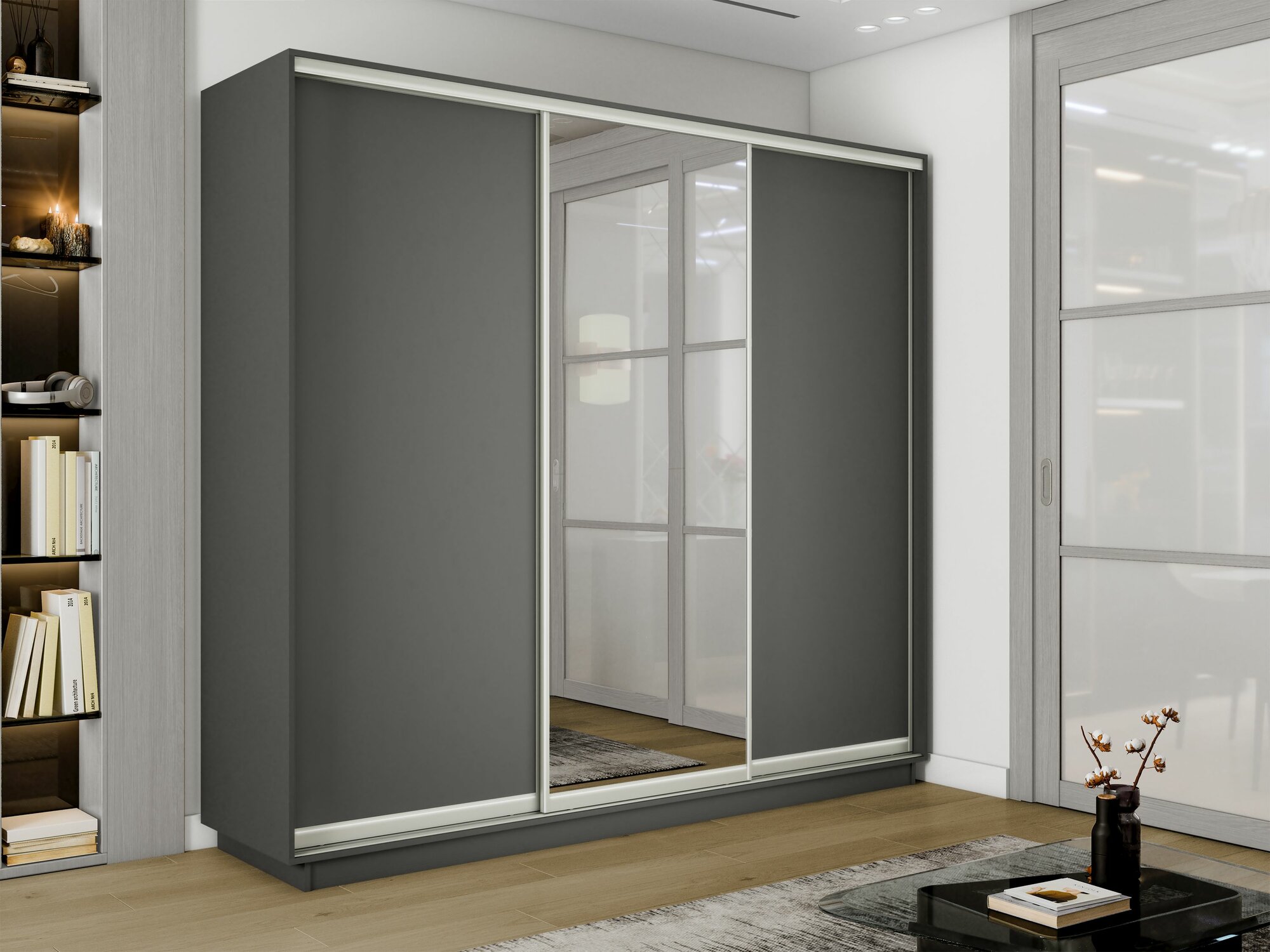 Шкаф купе Вилли 3-х дверный ЛДСП с зеркалом, профиль серебро 180 см х 220 см х 45 см (Серый диамант)