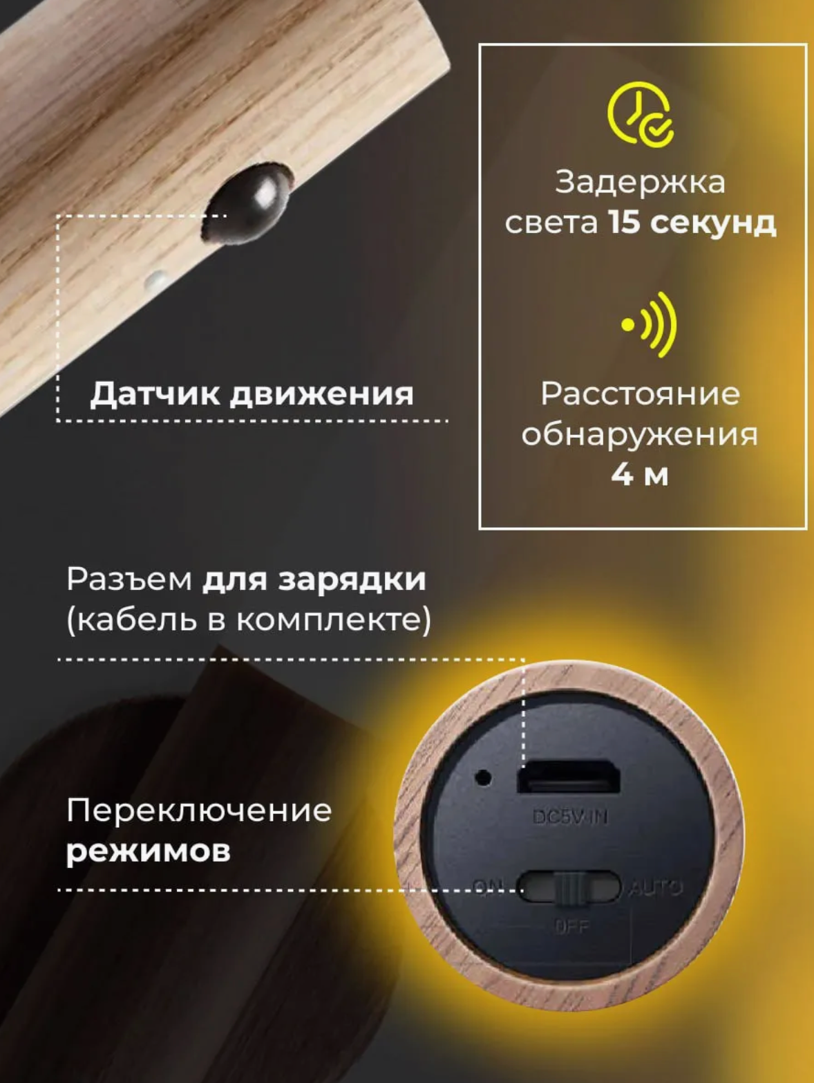 Беспроводной умный светильник с датчиком движения и аккумулятором, ночник для дома и дачи, коричневый