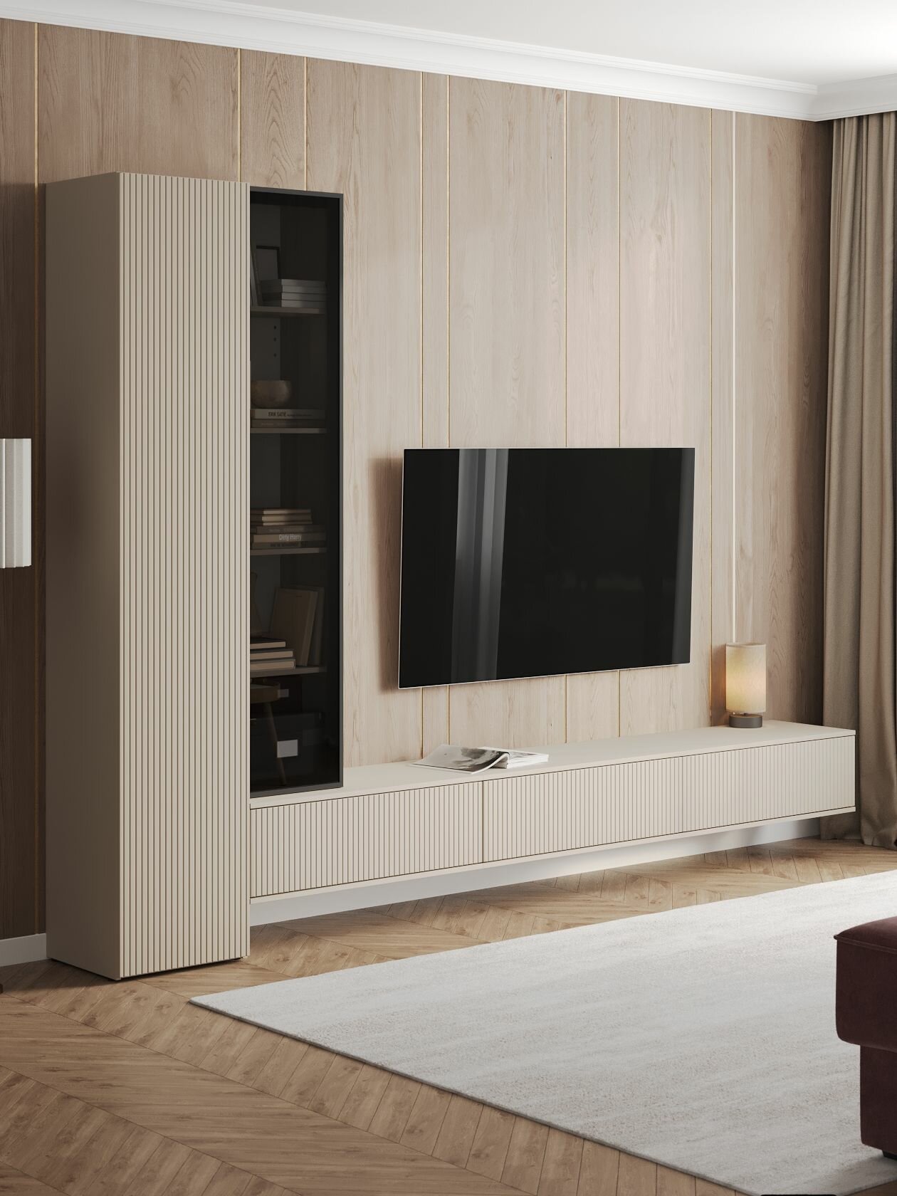 Гостиная комплект Амели, тумба под телевизор 2 шт, шкаф-витрина, шкаф-пенал, 314.5х41.6х231 см, Кашемир