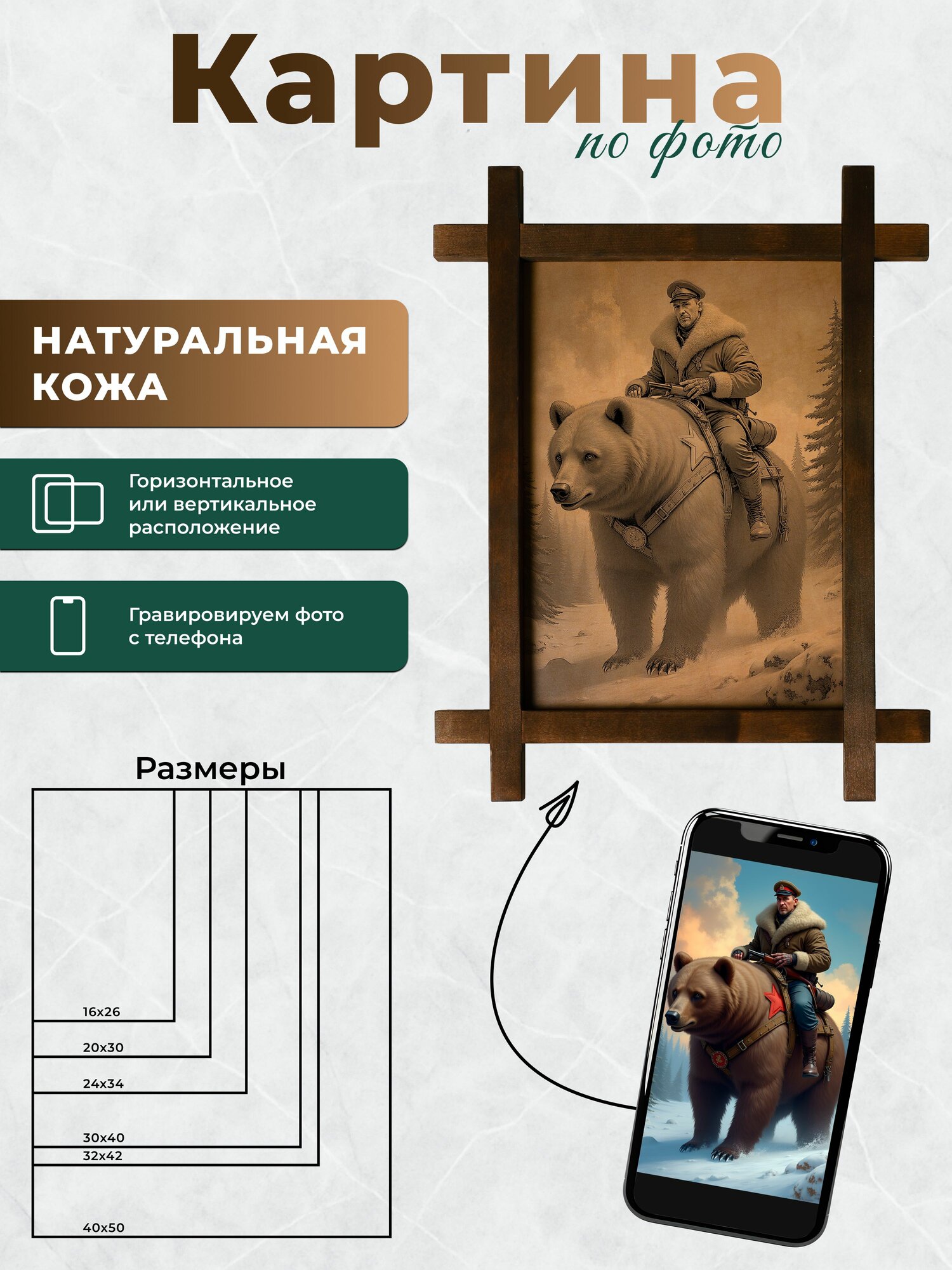 Картина по фото BoomGift с гравировкой на натуральной коже
