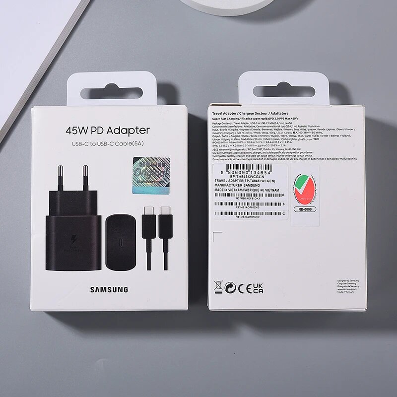 Зарядное устройство Samsung 45 Вт, супер быстрая зарядка, зарядное устройство, адаптер стандарта ЕС и США, для Galaxy S24, S23, S22, S20 Plus, FE, ZFold 5, 4 Black EU set
