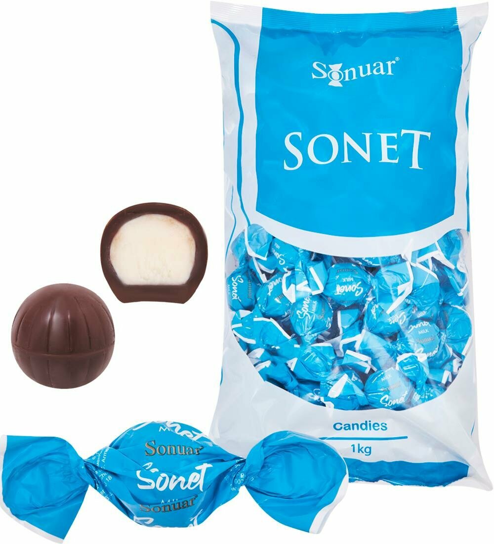 Шоколадные конфеты "Сонет" молочный 1,0кг (Sonuar) A2189662 Sonuar, Сахар, жир кондитерский (рафинированные дезодорированные растительные масла: пальмовое, подсолнечное), заменитель масла какао не