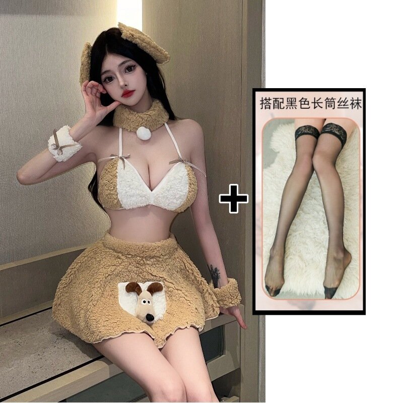 Новогодний боевой халат, сексуальное нижнее белье, милый плюшевый медведь, аниме-униформа, женский комплект для ночного клуба, снимать не нужно. Плюшевая девушка-зайчик + черные чулки.
