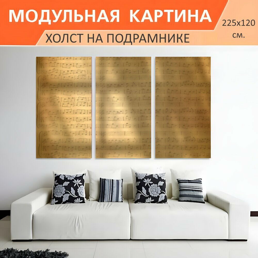 Модульная картина на холсте "Ноты, окно, обои на стену" триптих на подрамнике 225х120 см. для интерьера