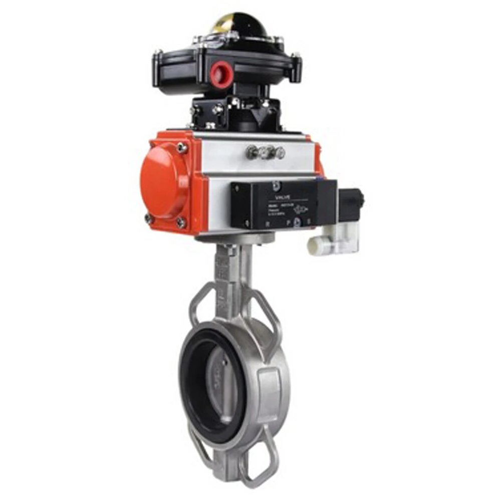 Затвор дисковый поворотный DN.ru 316L-316L-EPDM Ду300 Ру16, корпус и диск нержавеющая сталь 316L, уплотнение EPDM, с пневмоприводом SA-210 с возвратными пружинами, с пневмораспределителем PND1-S2EM-52-2-T10-220VAC, с БКВ LSB-410-02ExM12-250