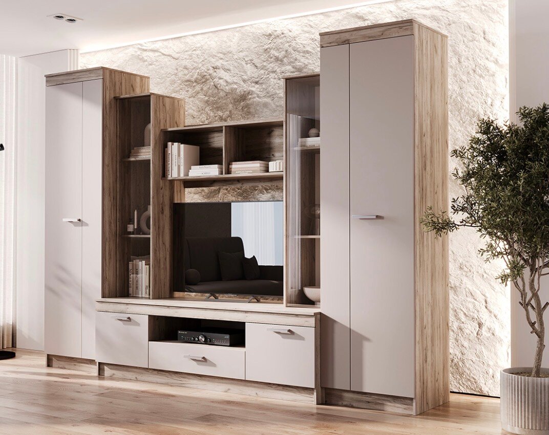 Гостиная центральная секция стенка 1 ящик, шкаф, Атлантида-6, 300х221.6х59.4 см, МИФ, ЛДСП, Дуб крафт серый / Кашемир