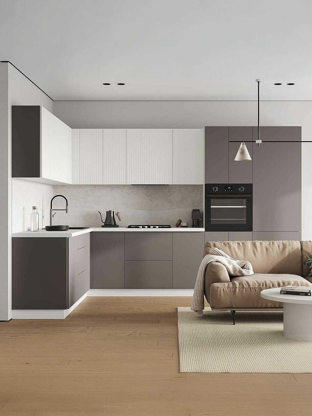 Кухонный гарнитур угловой Комби 3.2х2.2 м, мебель для дома и кухни, Белый / Бланж / Грей