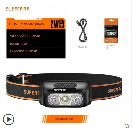 Supfire HL05-E Фонарь на голову 2 Вт яркости, автономность 5 ч с датчиком движения для походов