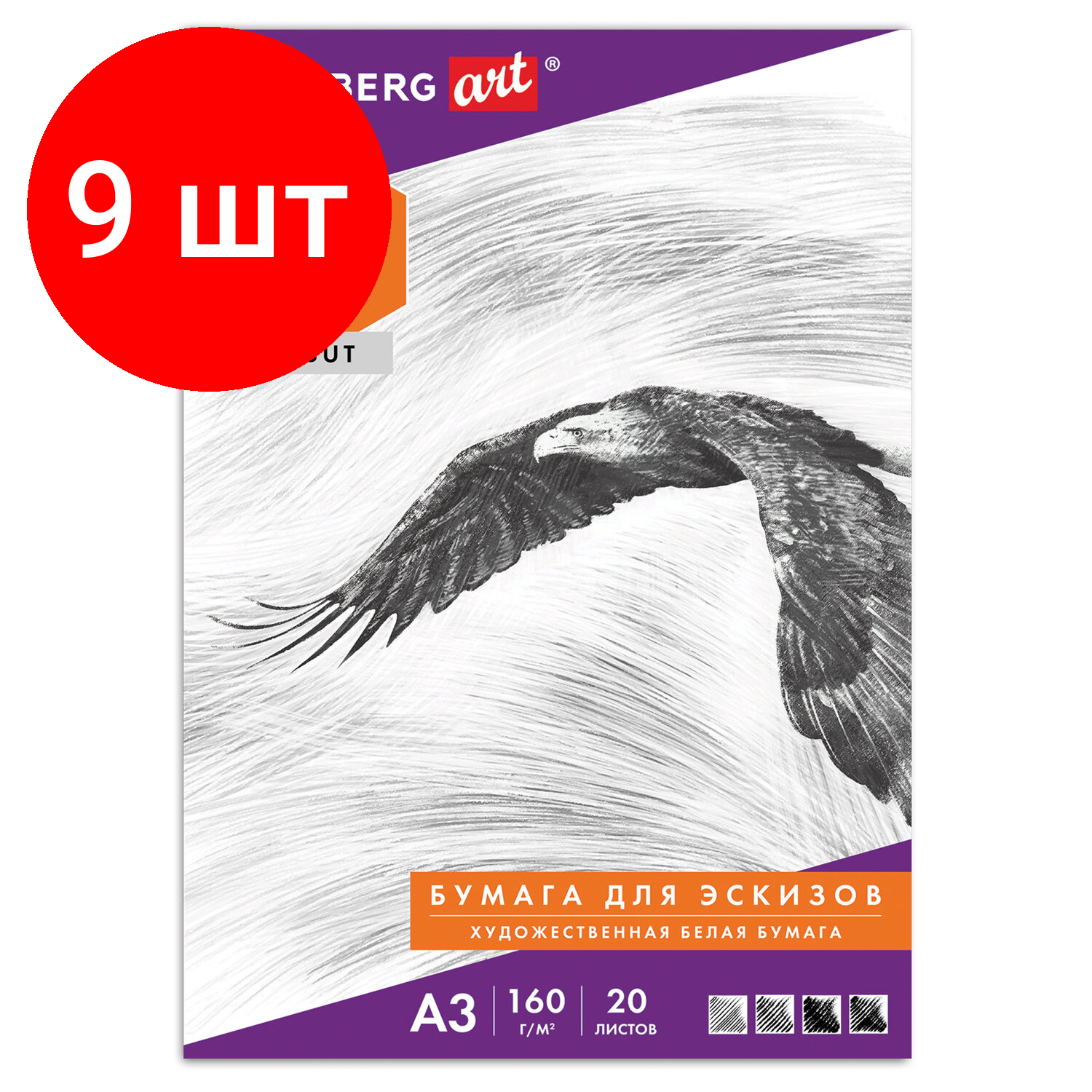 Комплект 9 шт, Папка для рисования большого формата А3, 20 л, 160 г/м2, BRAUBERG, 297х420 мм, "Орел", 125228