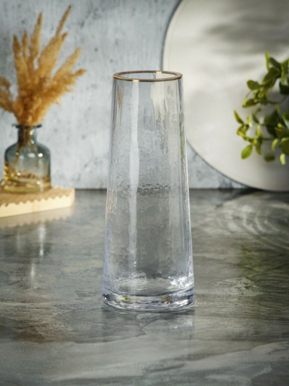 Ваза для цветов стеклянная настольная Алмаз 26 см, прозрачная с золотой отводкой, цилиндр для декора интерьера дома