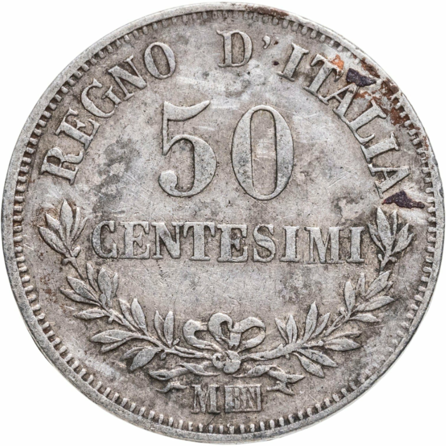 Италия 50 чентезимо centesimi 1863 Номинал на реверсе знак монетного двора: "M" - Милан, Серебро 835, в сохранности VF-XF
