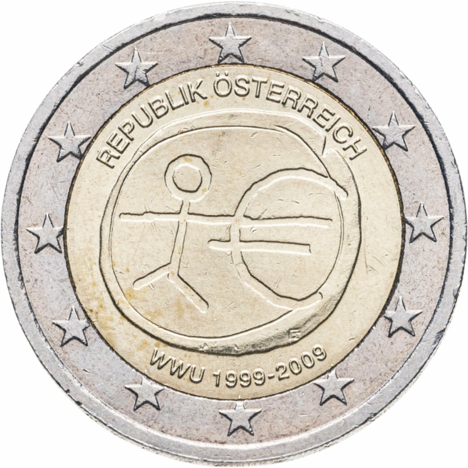 Австрия 2 евро 2009 "10 лет Экономическому и валютному союзу", Биметалл, в сохранности VF-XF