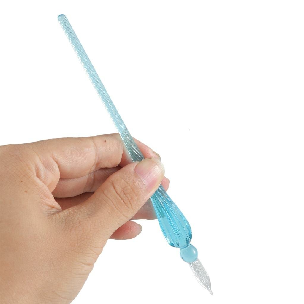 Винтажное стеклянное перо-капилляр с чернилами, Небесно-голубой