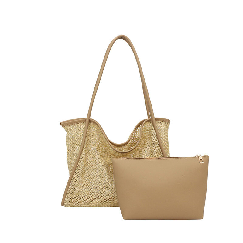 Плетеная соломенная сумка для женщин, большая вместимость, новая универсальная свежая сумка через плечо 2026 года, пляжная сумка для поездок