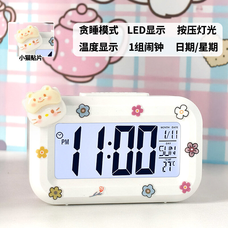 Будильник Hello Kitty Sanrio, светодиодная подсветка, с функцией таймера, случайные наклейки