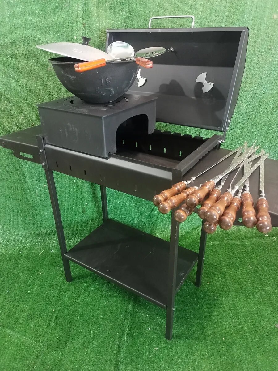 Мангал 3мм с подказанником и казаном и крышкой для шашлыка. Гриль барбекю усиленное