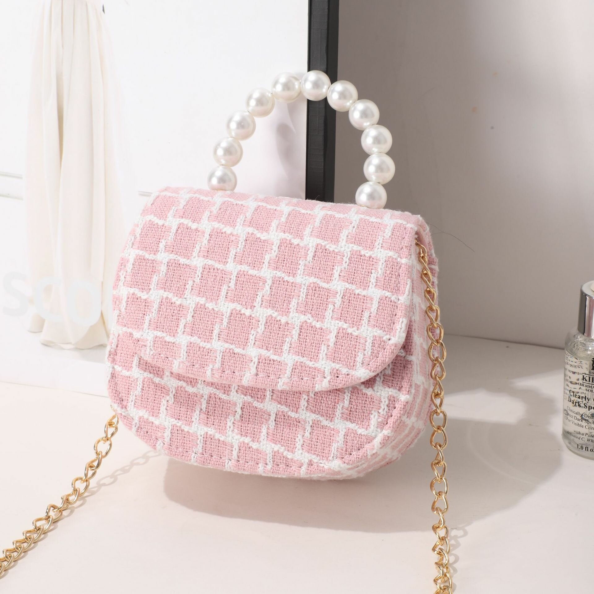 Женская сумка, маленькая кожаная сумка, осень-зима, клетчатая, маленькая сумка в стиле Chanel, женская сумка через плечо, нишевый дизайн, жемчужная сумка, маленькая квадратная сумка