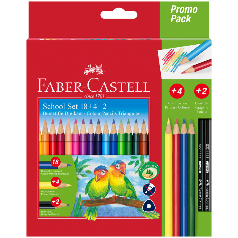2 шт. Карандаши цветные Faber-Castell, 18цв, трехгран, заточ.+ 4цв. + 2ч/г кар, картон, европодвес