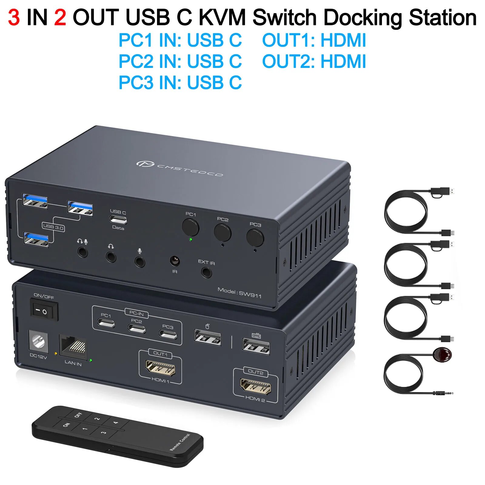 USB C KVM-переключатель для двух мониторов 3 IN 2 OUT, EU Plug