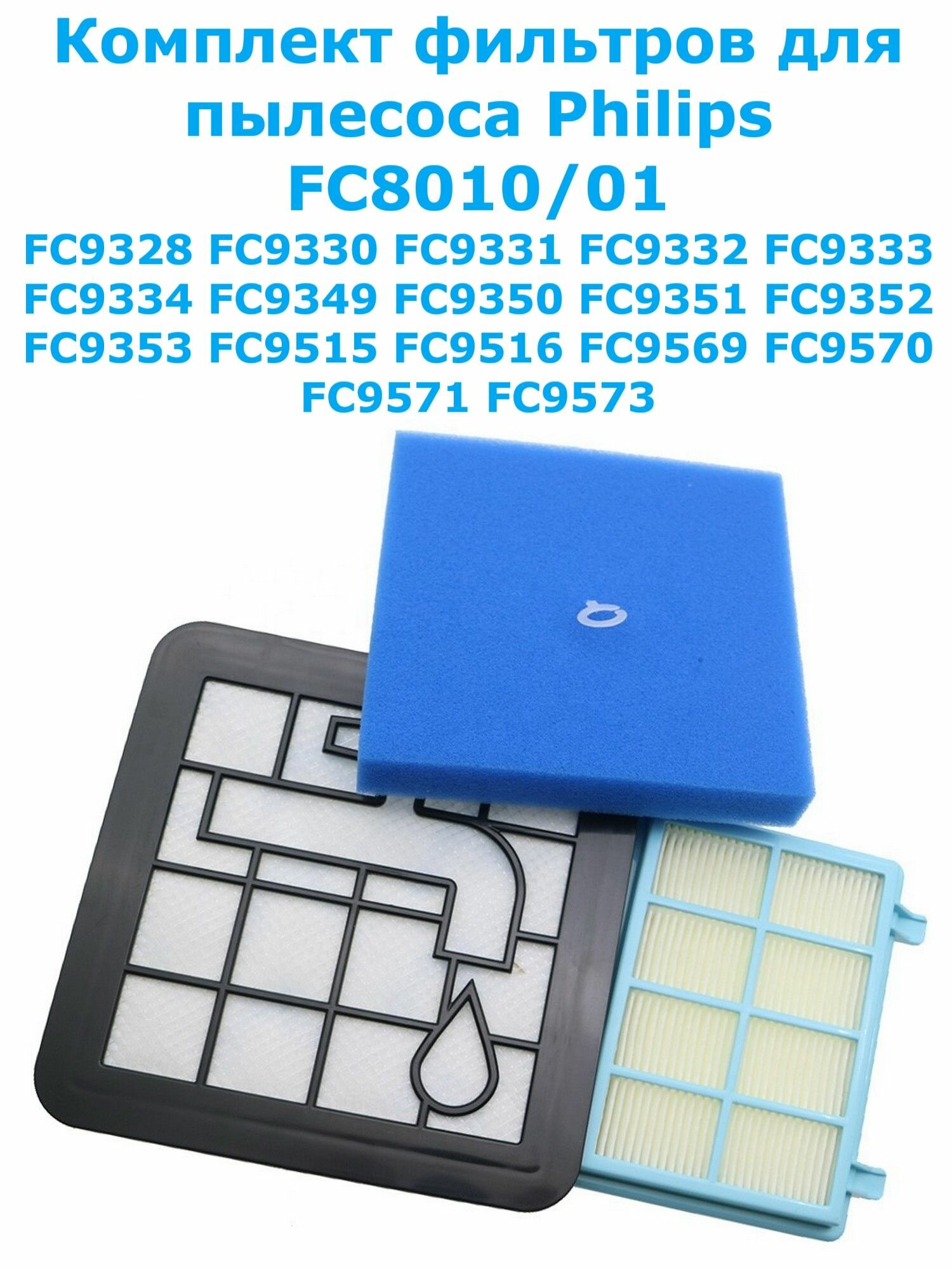 Комплект фильтров для пылесоса Philips FC8010/01 FC9328 FC9330 FC9331 FC9332 FC9333 FC9334 FC9349 FC9350 FC9351 FC9352 FC9353 FC9515 FC9516 FC9569 FC9570 FC9571 FC9573