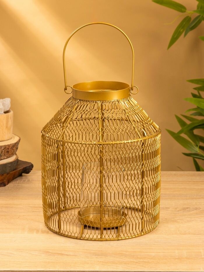 Подсвечник фонарь со стеклянной колбой, 20 20 26 см, d 9 см, металл, золотистый