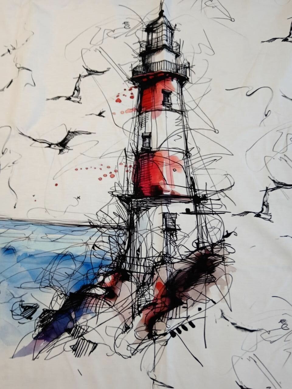 Кулирка с лайкрой купон "Маяк на белом" ширина 180см, высота 80 (+-2)см пенье