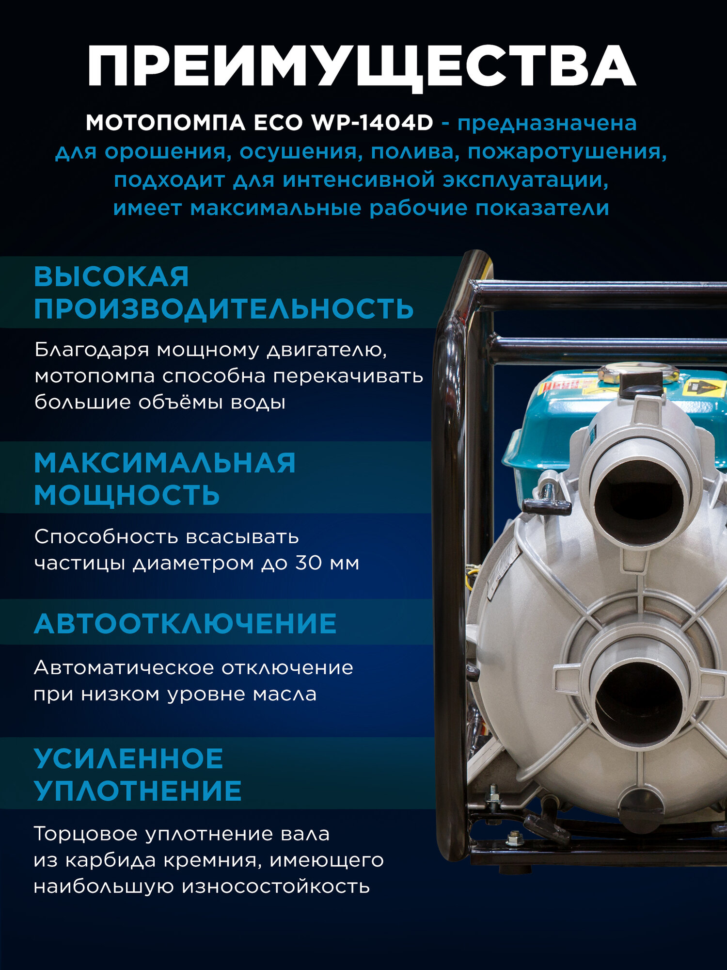 Мотопомпа бензиновая для грязной воды самовсасывающая ECO WP-1404D — фото 1