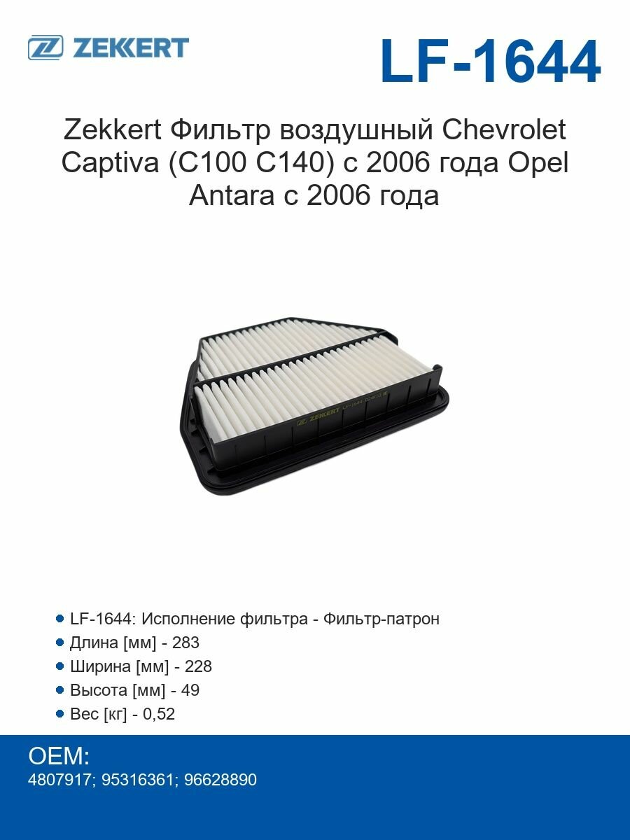 Zekkert Фильтр воздушный Chevrolet Captiva (C100 C140) с 2006 года Opel Antara с 2006 года