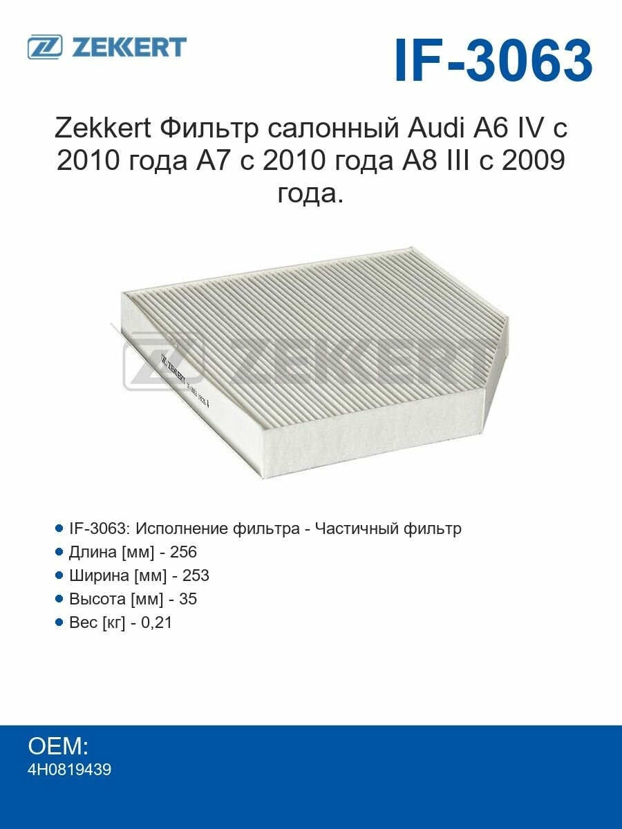 Zekkert Фильтр салонный Audi A6 IV с 2010 года A7 с 2010 года A8 III с 2009 года.