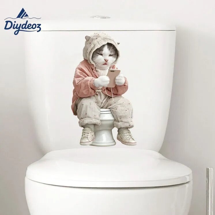 Наклейка на унитаз Кот со смартфоном , Забавный декор для ванной комнаты