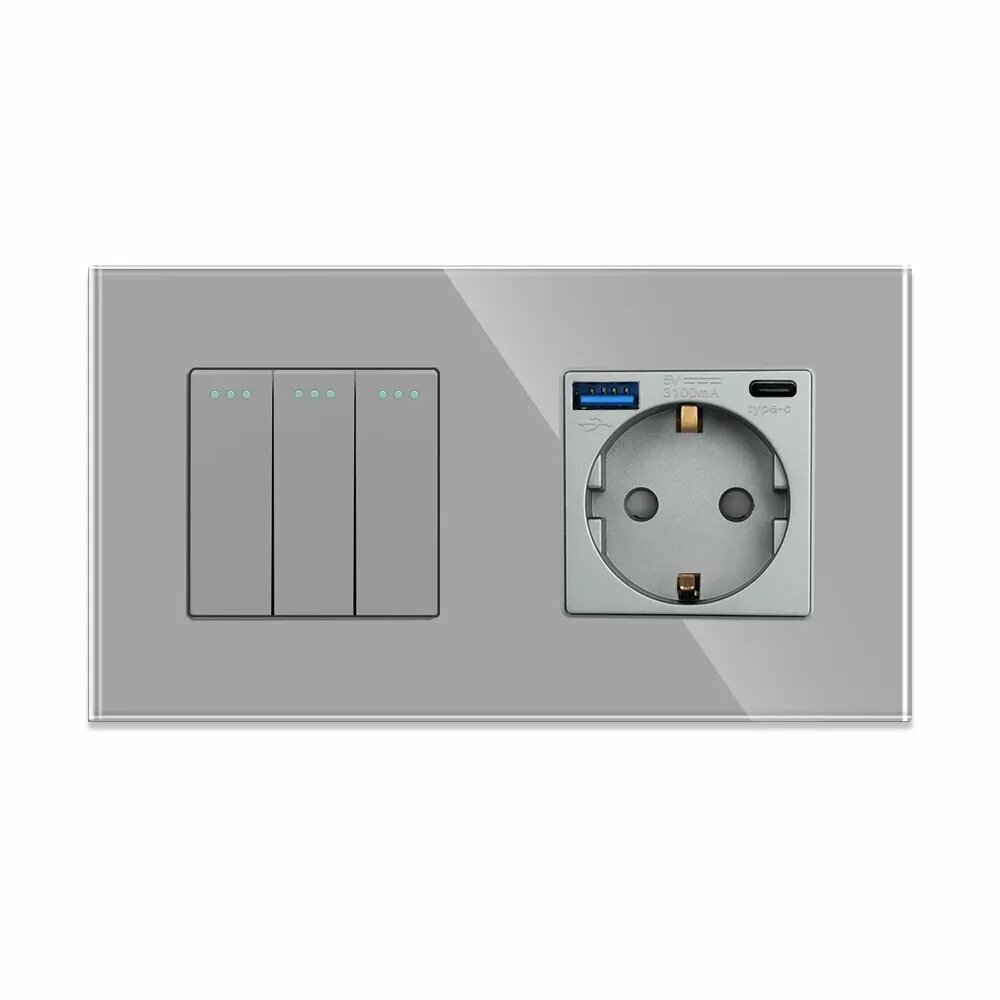 Выключатель трехклавишныйс с розеткой,3 клавиша, розетка с USB и type-C, рамка стекло Серый