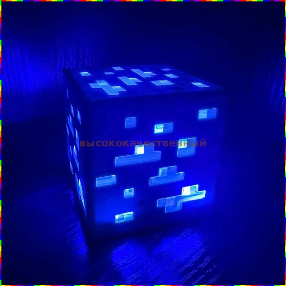 Светящийся куб-ночник в стиле Minecraft, синий пиксельный светильник-руда