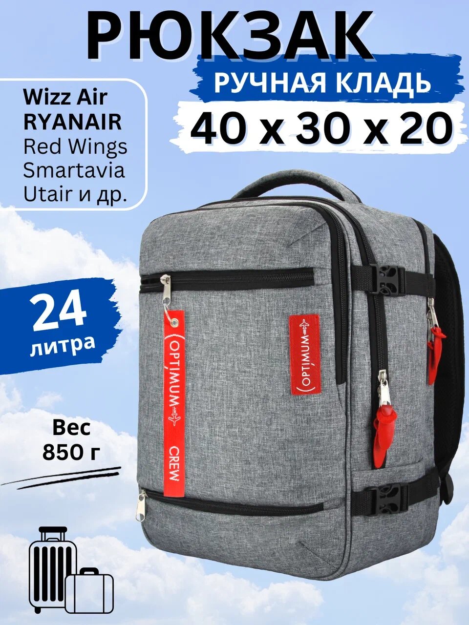 Рюкзак сумка дорожная ручная кладь 40х30х20 Смартавиа ЮТэйр Wizz Air, серый