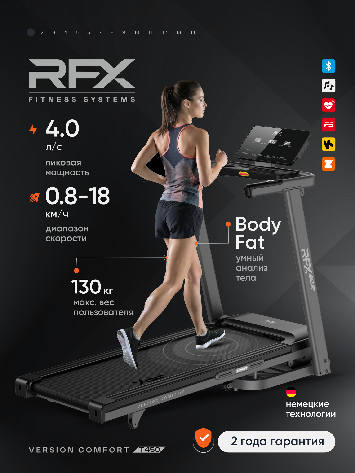 Беговая дорожка RFX T450, электрическая, складная, для дома, 130кг, 25 программ