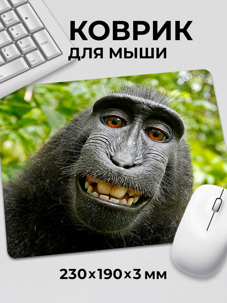 Коврик для мышки игровой маленький обезьяна макак улыбается c тканевой поверхностью, на нескользящем резиновом основании
