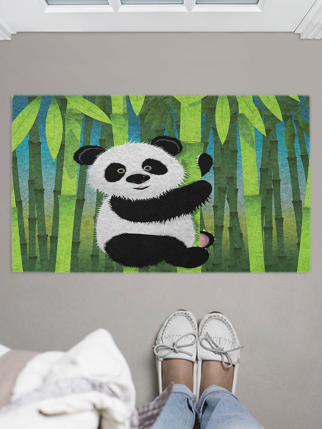 Коврик придверный в прихожую с принтом "Счастливая панда" 45x75 см , JoyArty