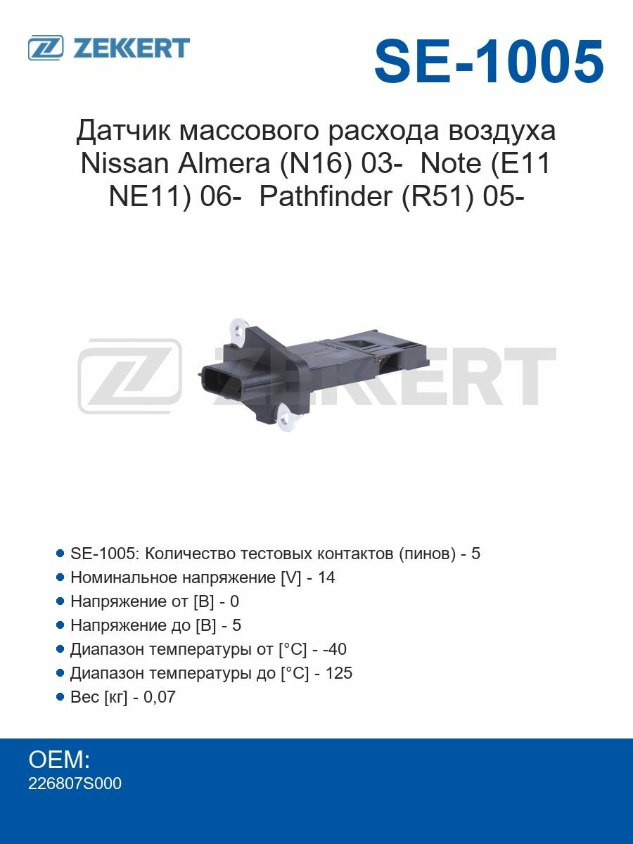 Zekkert Датчик массового расхода воздуха Nissan Almera (N16) 03- Note (E11 NE11) 06- Pathfinder (R51) 05-