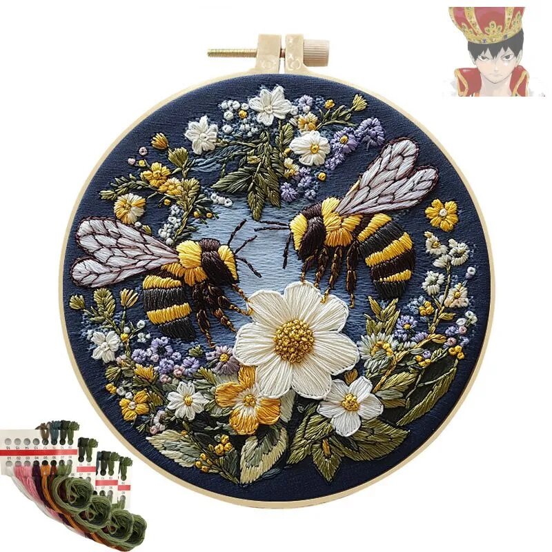 Набор для вышивания узора Пчела и цветы на черной ткани иглой, диаметр 15 см.