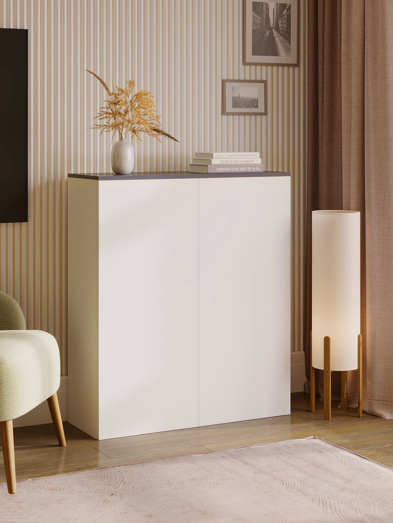 Шкаф-пенал, шкаф распашной, стеллаж с полками, Click, 100х34х109 см, белый, графит