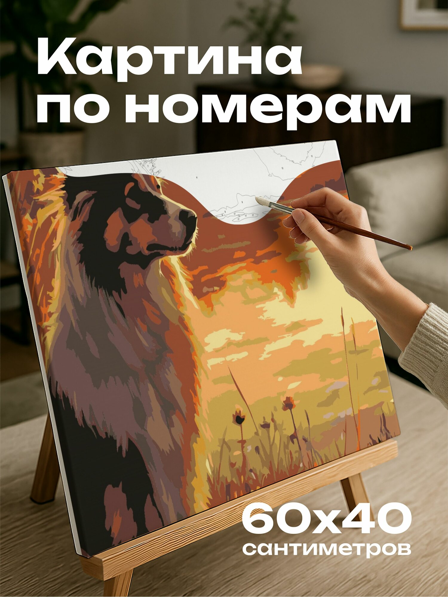 Картина по номерам 60x40 см, картина, масло, собака, колли, забота, нежность, озеро, закат, лучи, безмятежность
