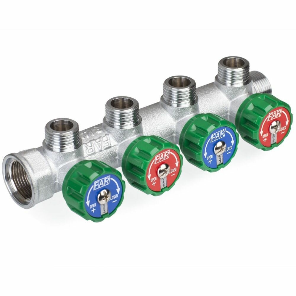 Коллектор для водоснабжения регулирующий Far 3/4" ВР-НР 4 выхода 1/2" НР, плоское уплотнение (коллектор ФАР)