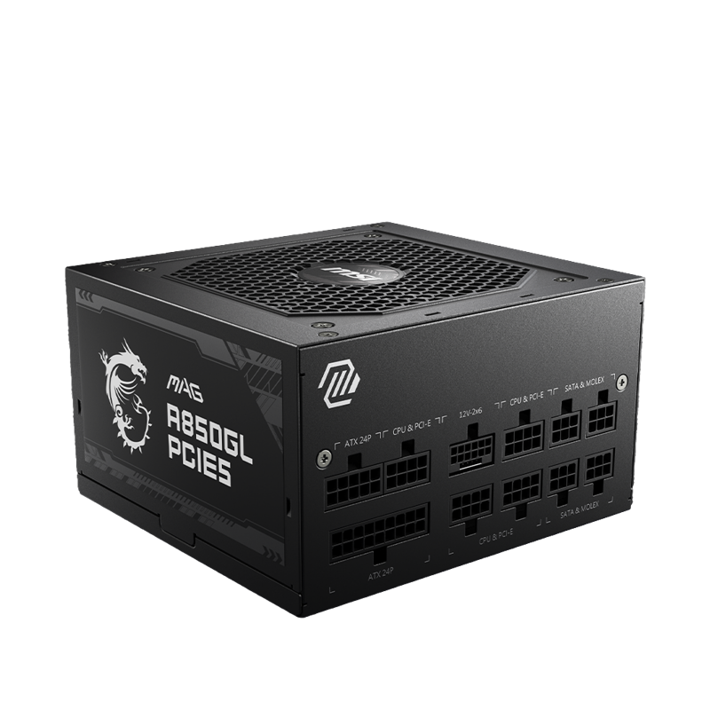 Блок питания Блок питания ПК/ Power Supply MSI MAG A850GL PCIE5, 850W 80+ Gold (ATX, 3.0, PCIe 5.0, Full modular, 1x24(20+4)pin, 2xCPU 8(4+4)pin, 4xPCIe*2 8(6+2)pin, 1x12VHPWR, 8xSATA3, 4xMOLEX4pin, Active, 120x120mm, 150x140x86mm, APFC, black)