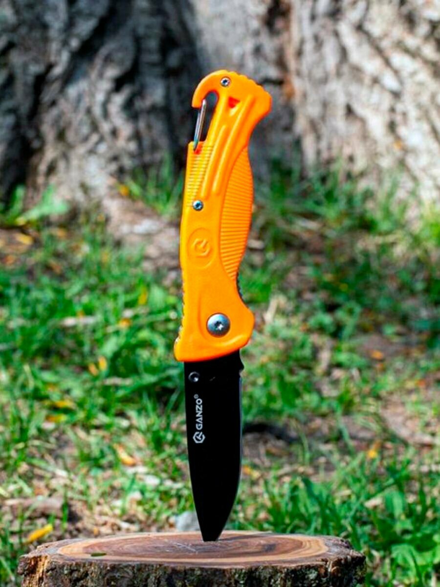 Нож Ganzo G611-O складной оранжевый с карабином и свистком, EDC из нержавеющей стали 420C, длина лезвия 7,8 см.