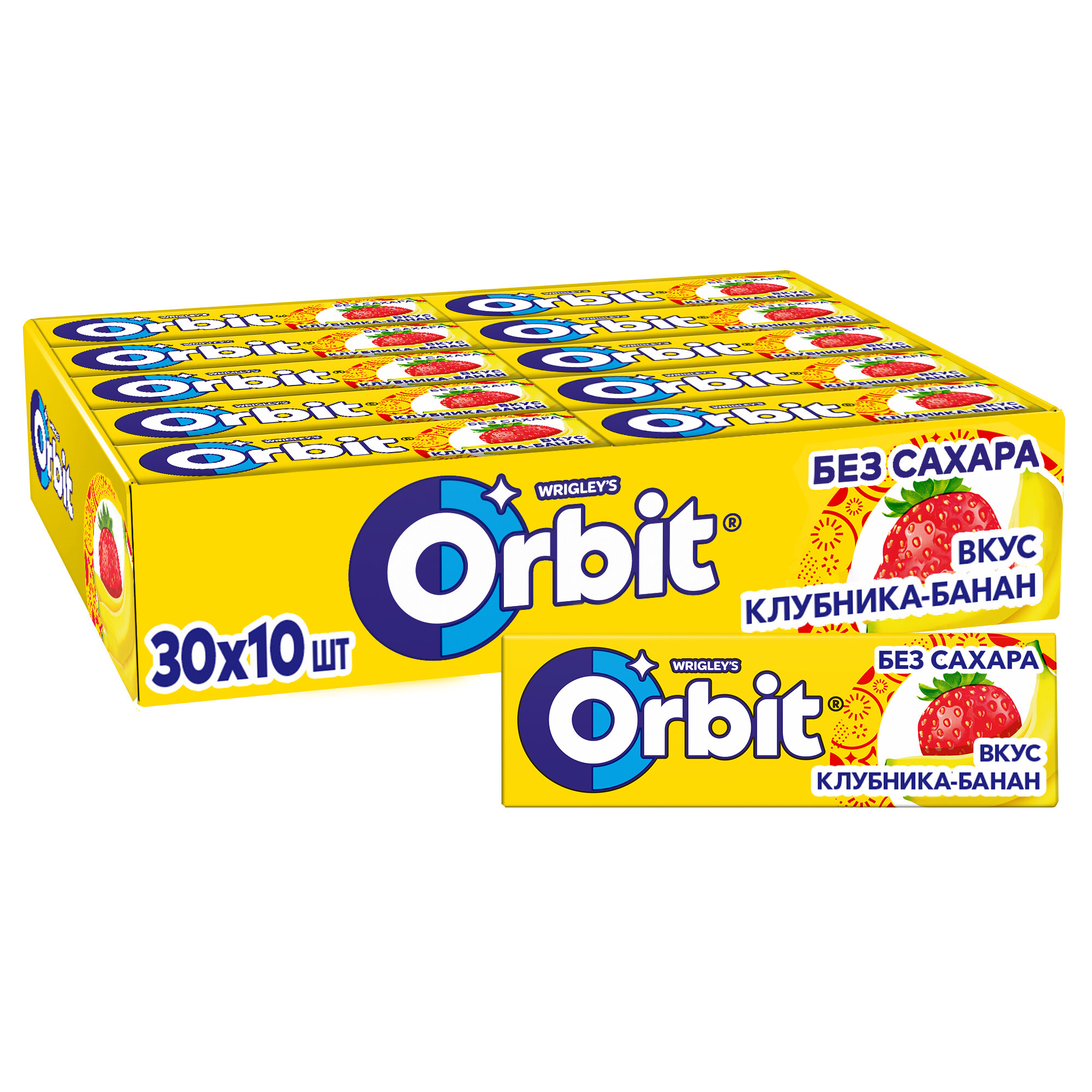 Жевательная резинка Orbit Клубника-банан без сахара, 30 пачек по 13,6 г