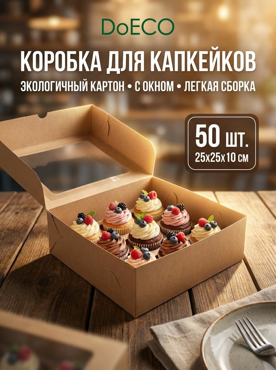 Коробка крафт пищевая DoECO контейнер одноразовый с окном, упаковка 250х250х100 мм, 50 шт.